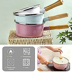 Saucepan, Enamel Sauce Pan Small Pot with Lid, Wooden Handle, 1.8 Quart (Blue)