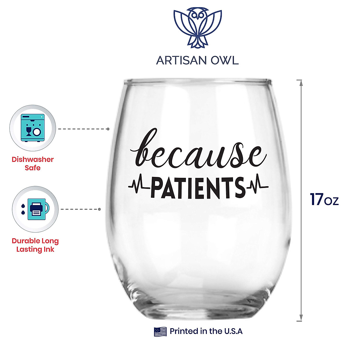 Artisan Owl Because Patients Large 17oz Wine Glass and Doctors Need Shots Too (2) Shot Glasses Bundle