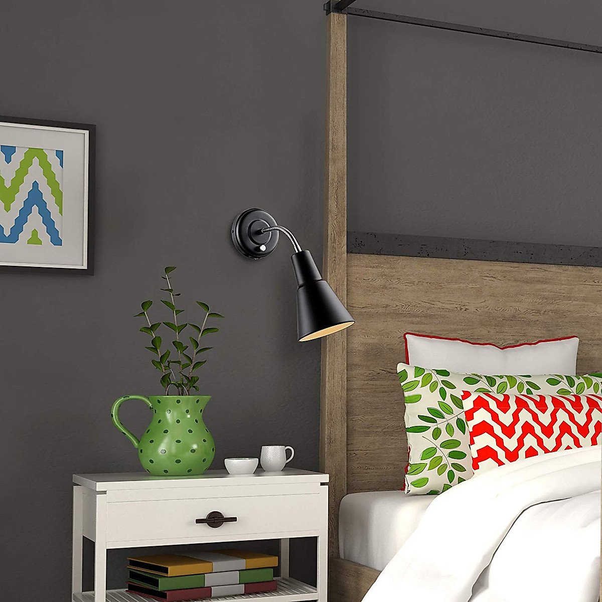 AN.KLN Plug in Wall Light Flexible Gooseneck Reading Lamp with Switch, Vintage Industrial Black Metal Bedside Wall Lamp, 1.8m Cable, E27 Socket, for Bedroom Living Room Study,1Pack