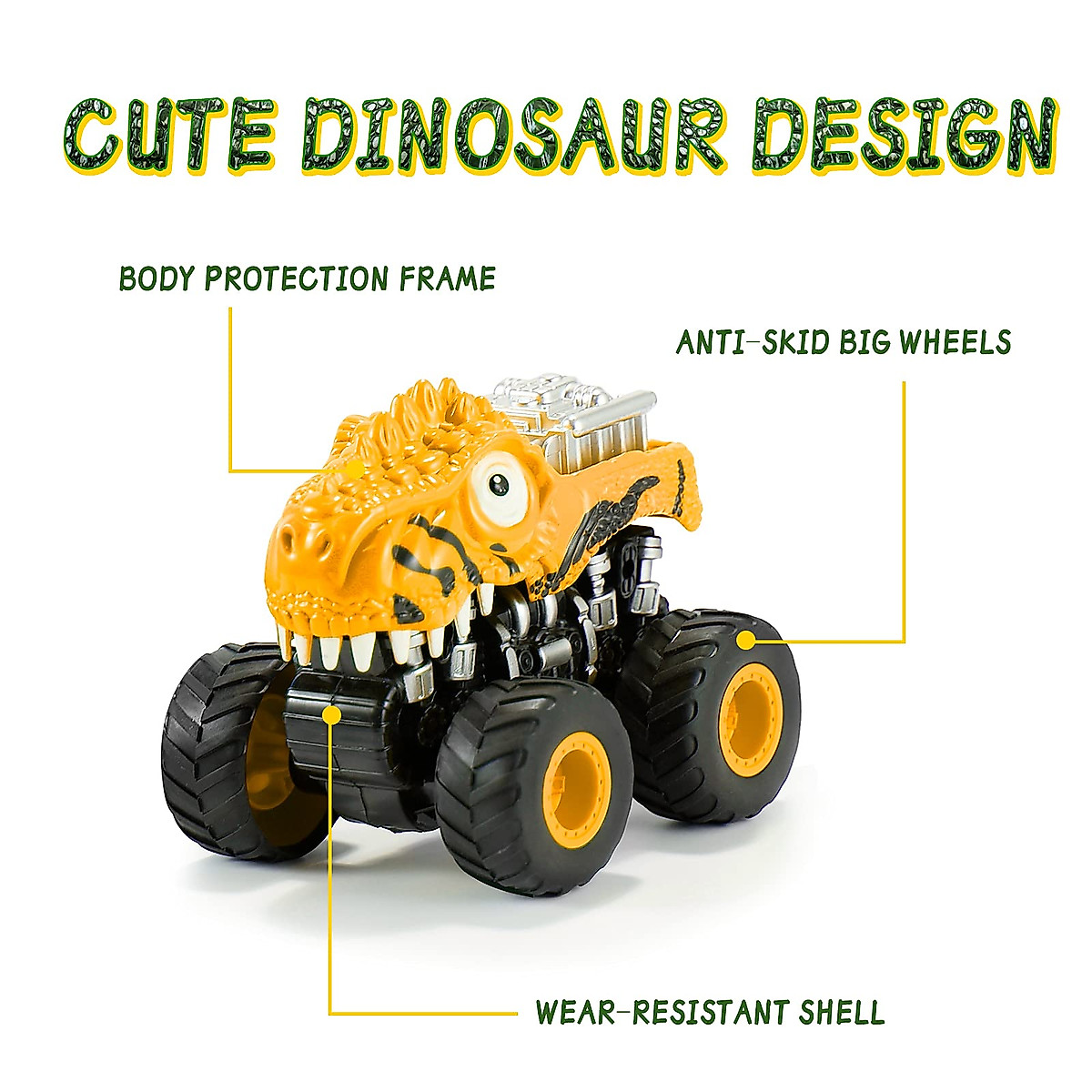 Henoda Dinosaur Toys Pull Back Cars, 2 Pack Monster Truck for 3+ Year Old Boy, Educational Push and Go Friction Powered Cars, Easter Birthday Gifts for 3 4 5 6 Year Old Boys Girls(Yellow)