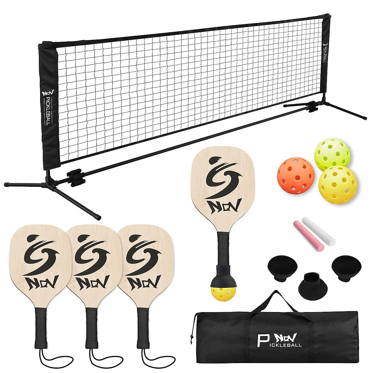 NQV Pickleball Set with Net,10FT Half Court Size Pickleball Net Portable Outdoor Indoor Driveway Home+4 Wood Paddles+4 Pickle Balls+4 Ball Retrievers, Pickleball Set for Adults Kids Beginners Pros