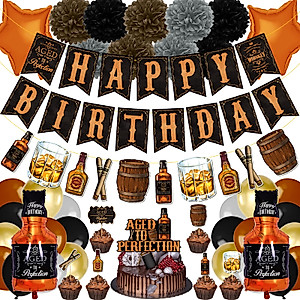 BORAMDO Whiskey Birthday Party Decorations for Men, Aged to Perfection Party Supplies including Whiskey Birthday Banner, Cake Toppers, Whiskey Foil Balloons, Tissue Paper Flowers (brown)