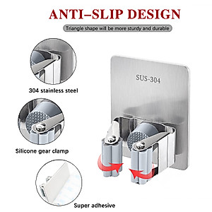 2PCS Broom Holder Wall Mount Self Adhesive Mop and Broom Holder Stainless Steel Broom Hanger Heavy Duty for Laundry Storage Bathroom Kitchen Garage