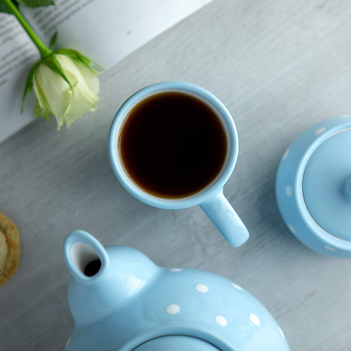 City to Cottage Handmade Light Sky Blue and White Polka Dot Ceramic 10oz/300ml Hot Chocolate, Coffee, Tea Mug, Cup with Large Handle, Unique Designer Pottery for Tea Lovers