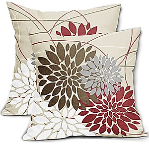 Brown Red Pillow Covers 18x18 Dahlia Flower White Gray Elegant Colored Throw Pillows Farmhouse Outdoor Decor for Home Living Room Sofa Bed Modern Floral Linen Square Cushion Case, Set of 2
