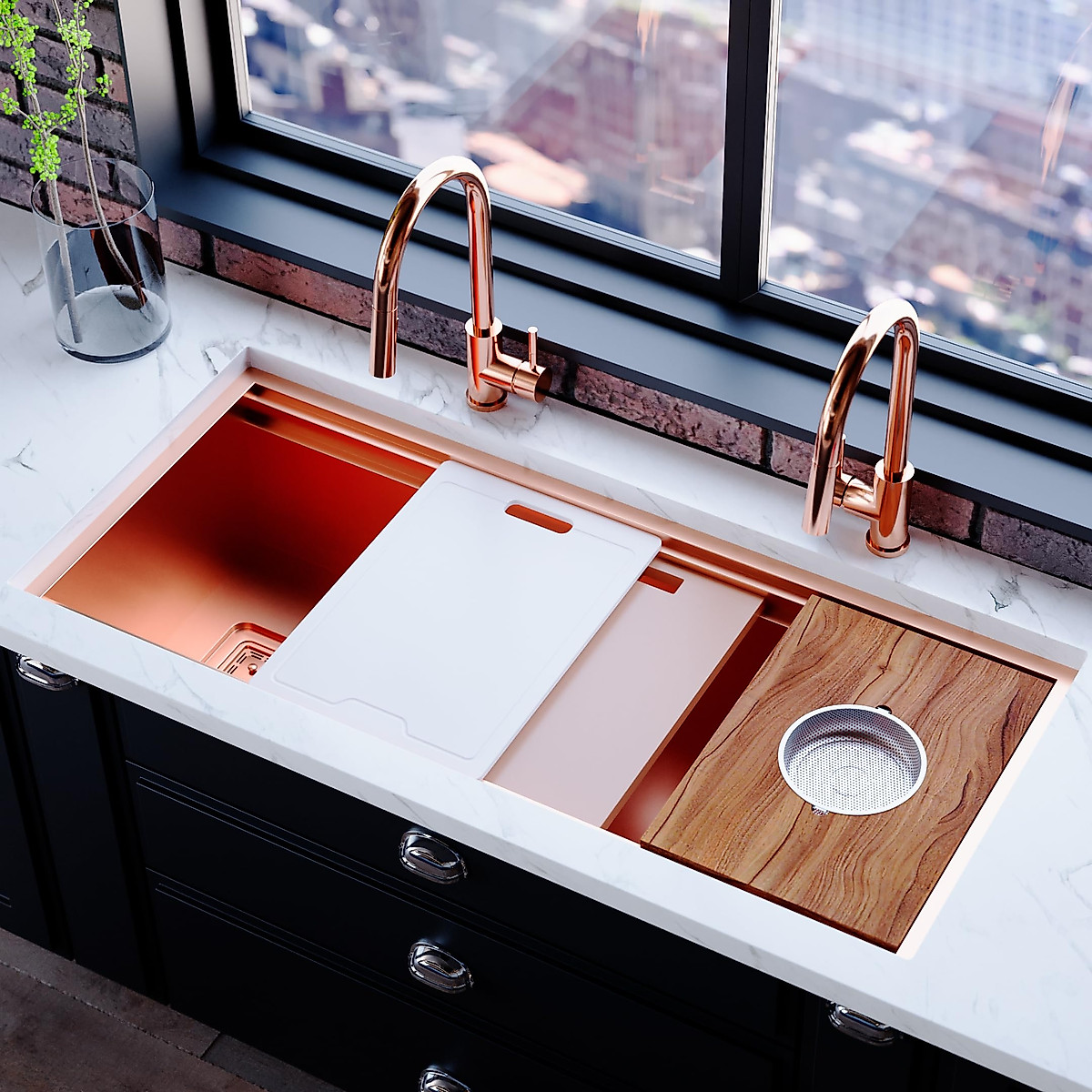 Strictly Sinks 45” Copper Workstation Sink - 16 Gauge 45 Inch Stainless Steel Sink - 2-Tier Undermount Kitchen Sink with 2 Square Strainer Drains, 1 Disposal Adapter, & 6 Workstation Sink Accessories