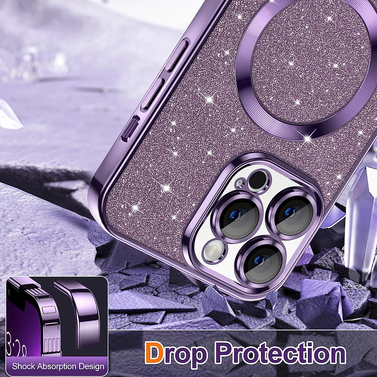 Hython for iPhone 13 Pro Max Case Glitter, Clear Magnetic Phone Cases with Camera Lens Protector [Compatible with MagSafe] Bling Sparkle Plating Soft TPU Slim Shockproof Protective Cover Women-Purple