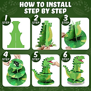 Censen 3 Tier Dinosaur Cupcake Stand Party Decorations Dinosaur Theme Cupcake Holder Decorations Dinosaur Dessert Tower for Kids Dinosaur Jungle Theme Party Birthday Supplies (Lovely)