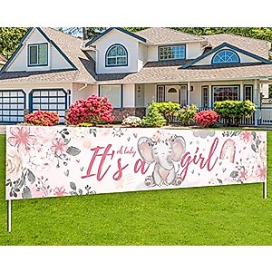 Elephant Party Supplies-Pink Elephant Baby Shower Banner Decoration,Boho Watercolor Elephant Yard Sign Banner for Girl Birthday Party Decoration