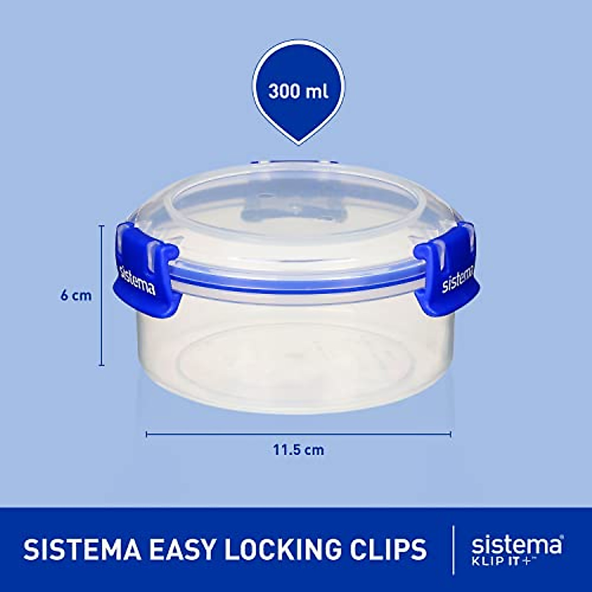 Sistema KLIP IT Round Food Storage Containers | BPA-Free | Blue Clips | 300 ml | 4 Count