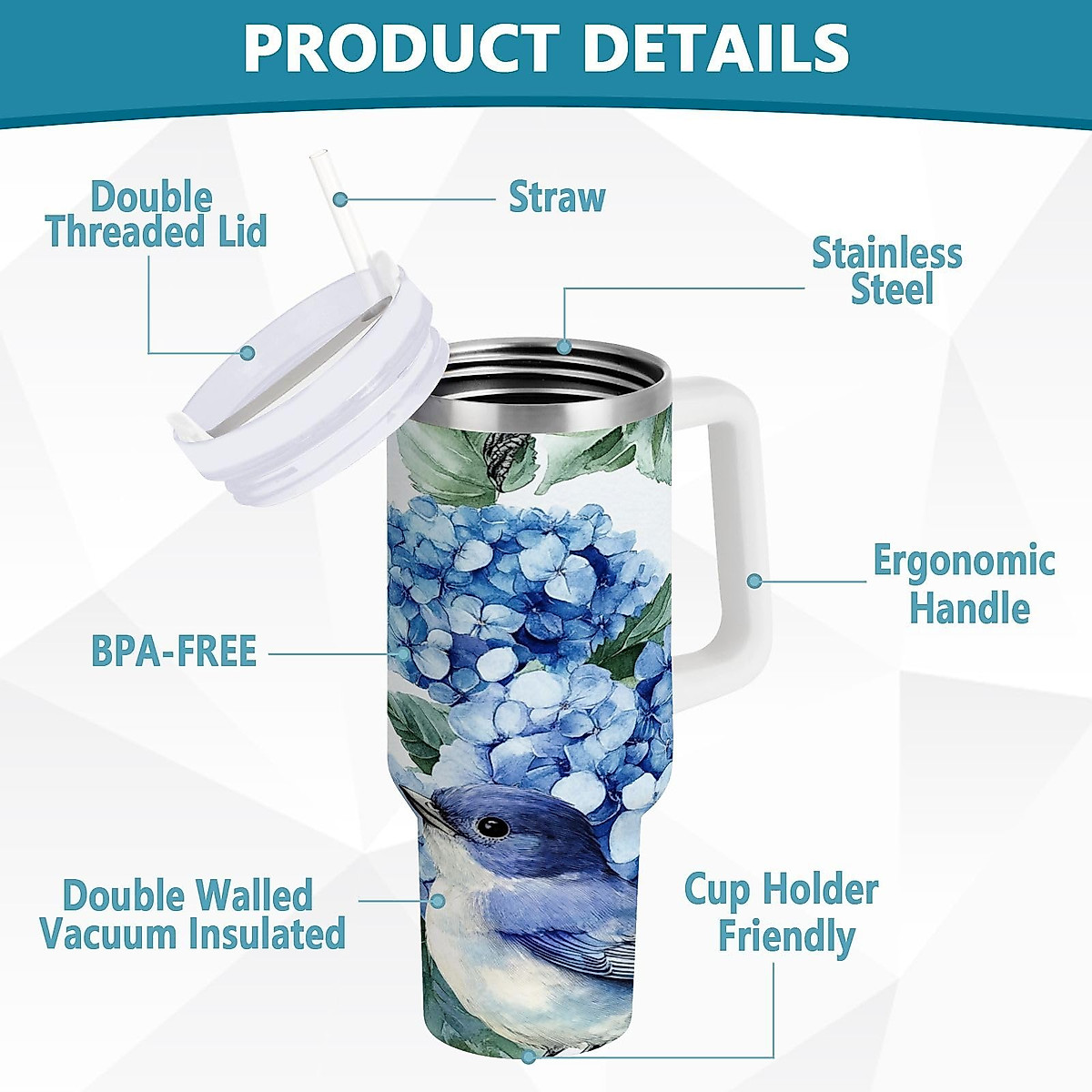ALAZA Blue Hydrangea Flowers Bird 40 oz Tumbler Water Bottle with Straw Lid and Handle,Reusable Insulated Stainless Steel Cup for Women Men Travel Car Cup Holder