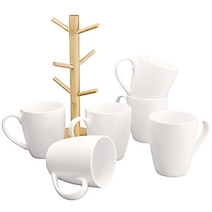 DECORDINE Coffee Mug Set of 6 Ceramic Coffee Cups 16 oz. Elegant White with Stand - Mug Holder Tree - Wood Organizer Rack with 6 Hook Hangers