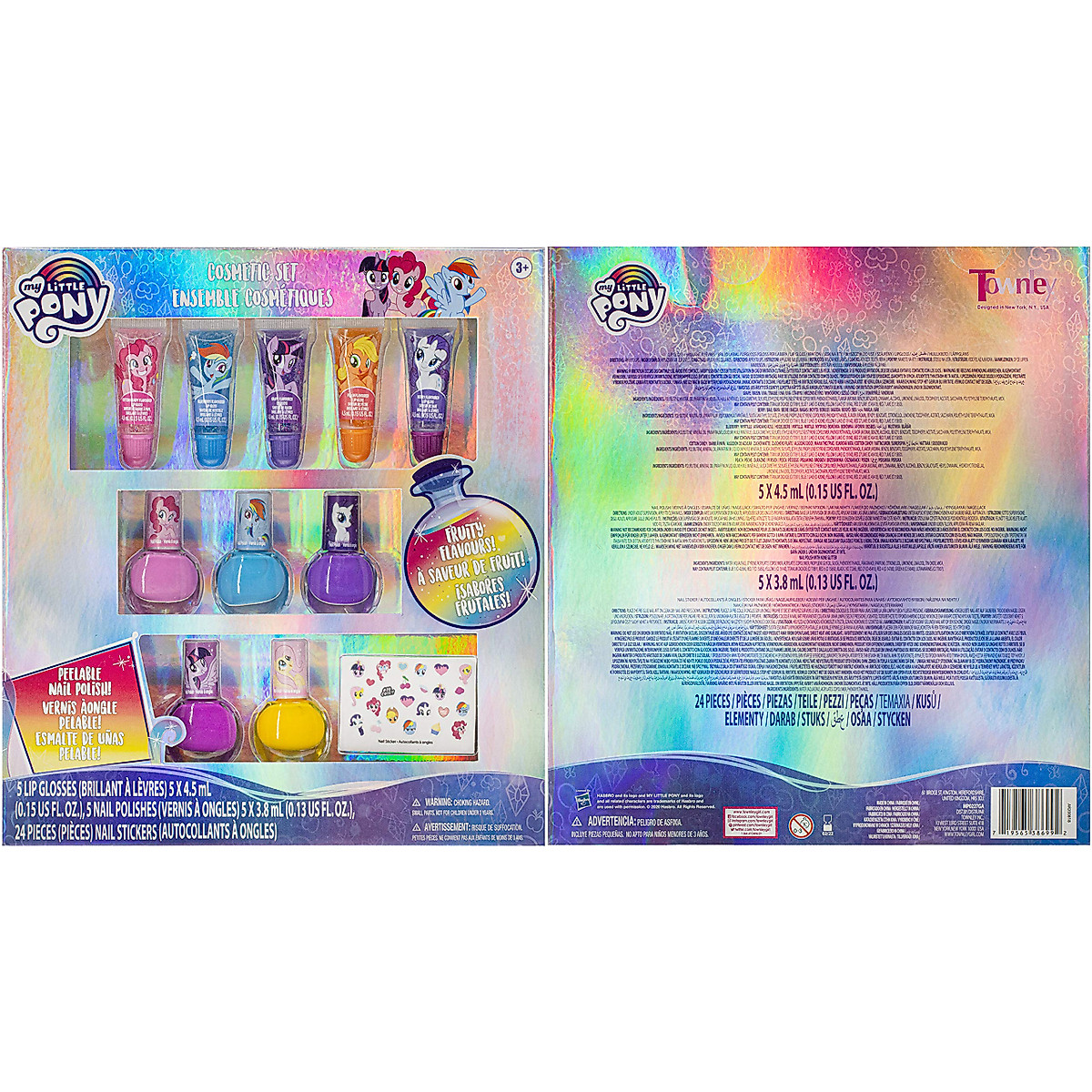 Townley Girl My Little Pony 10 Pcs Sparkly Cosmetic Beauty Makeup Set for Kids Girls Teen with 5 Pcs Lip Gloss, 5 Pcs Nail Polish & Nail Stickers Perfect for Parties, Sleepovers and Makeovers Age 3+
