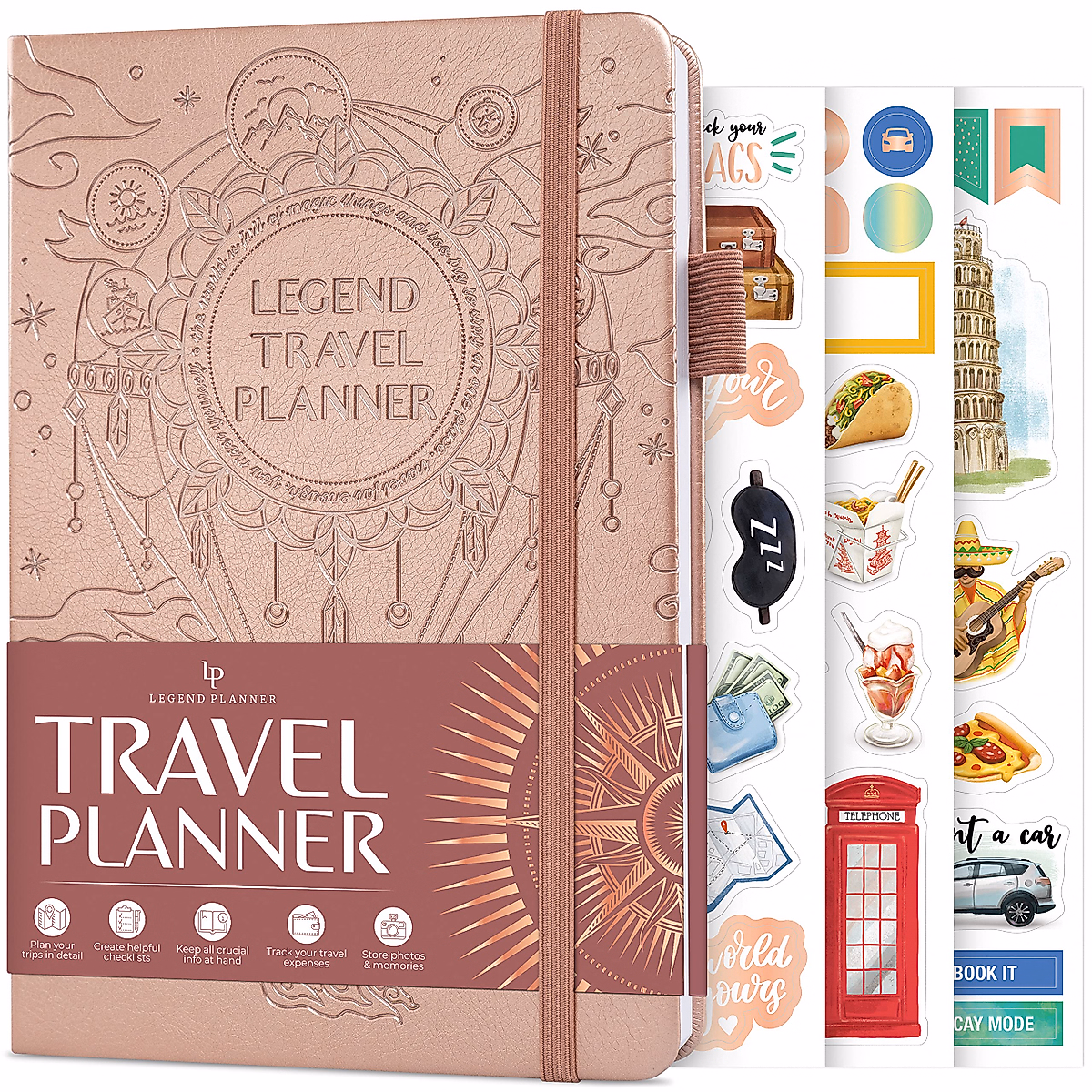 Legend Travel Planner – Vacation Itinerary Organizer for Solo Travel & Couples – Travelling Journal for Women & Men – Traveling Log with Expense Tracker & Packing List – Hardcover (Rose Gold)