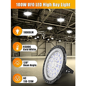 LED High Bay Light, 100W 10000LM Super Bright UFO High Bay LED Lights, 6500K LED Shop Lights, IP54 Warehouse Lights Area Light Fixture Commercial Bay Lighting Bay Lights for Garage Barn Workshop-10