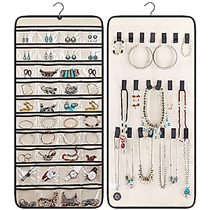 MISSLO Dual-sided Hanging Jewelry Organizer with 40 Pockets and 20 Hook & Loops Closet Necklace Holder for Earring Bracelet Ring Chain with Rotating Hanger, Beige