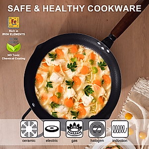 FNT Carbon Steel Wok Pan with Double Spouts, Woks & Stir-Fry Pans Nonstick with Wooden and Steel Helper Handle 11.8 Inches(Flat Bottom)