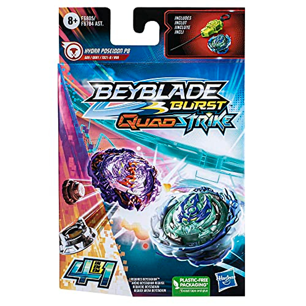 Beyblade Burst QuadStrike Hydra Poseidon P8 Spinning Top Starter Pack, Balance/Defense Type Battling Game with Launcher, Kids Toy Set