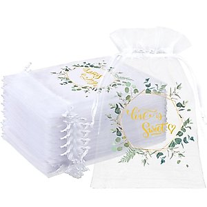Windyun 200 Pcs Love Is Sweet Organza Bags for Wedding Treat 4 x 6 Inch Wedding Favor Bags Candy Gift Bags Bulk Small Sheer Eucalyptus Leave Jewelry Bags with Drawstring for Baby Shower Supply