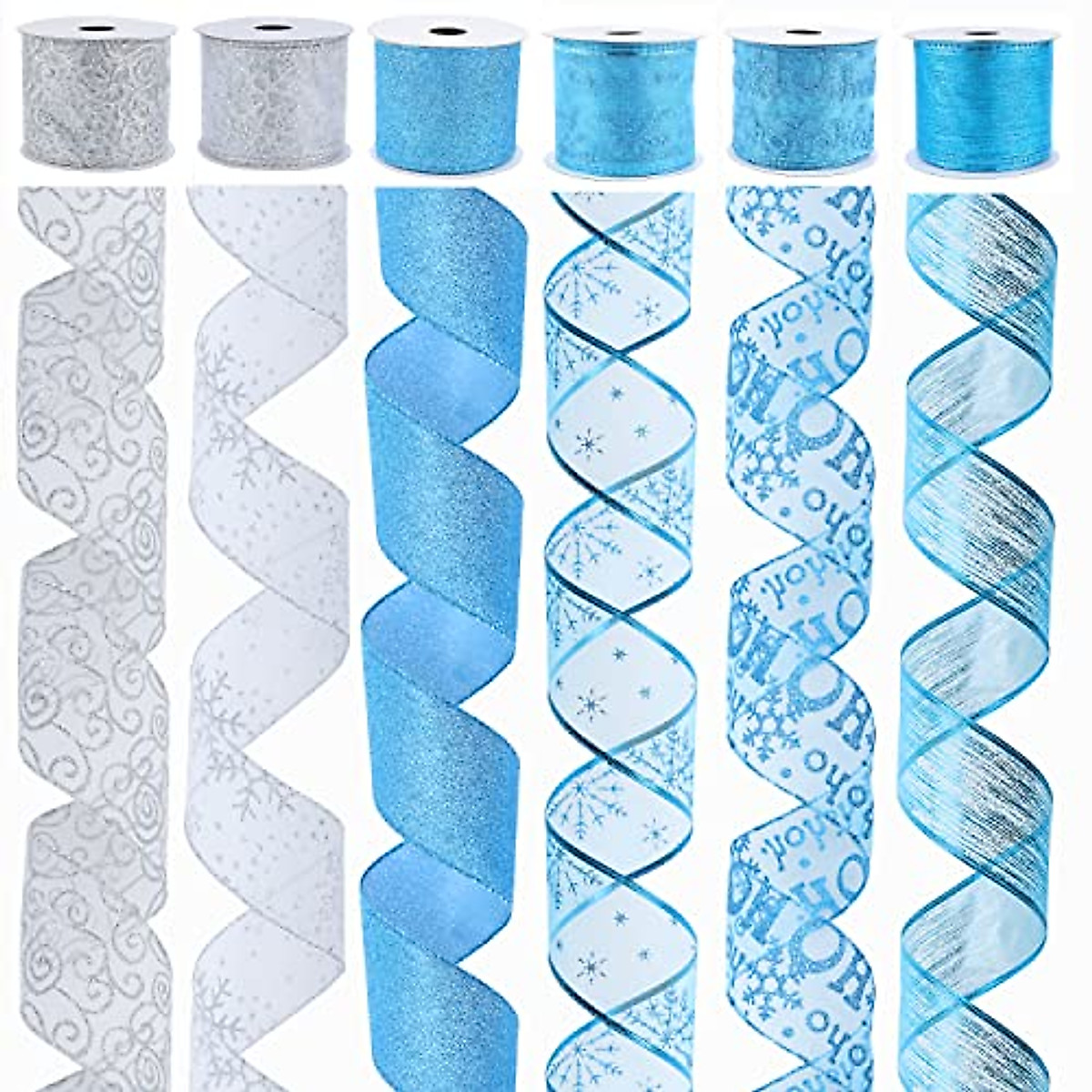 DINDOSAL Turquoise Blue Christmas Ribbon Wired 2.5" Blue and Silver Christmas Tree Ribbon Garland Glitter Christmas Ribbon for Tree, Gift Wrapping, Bows 6 Rolls 36 Yards