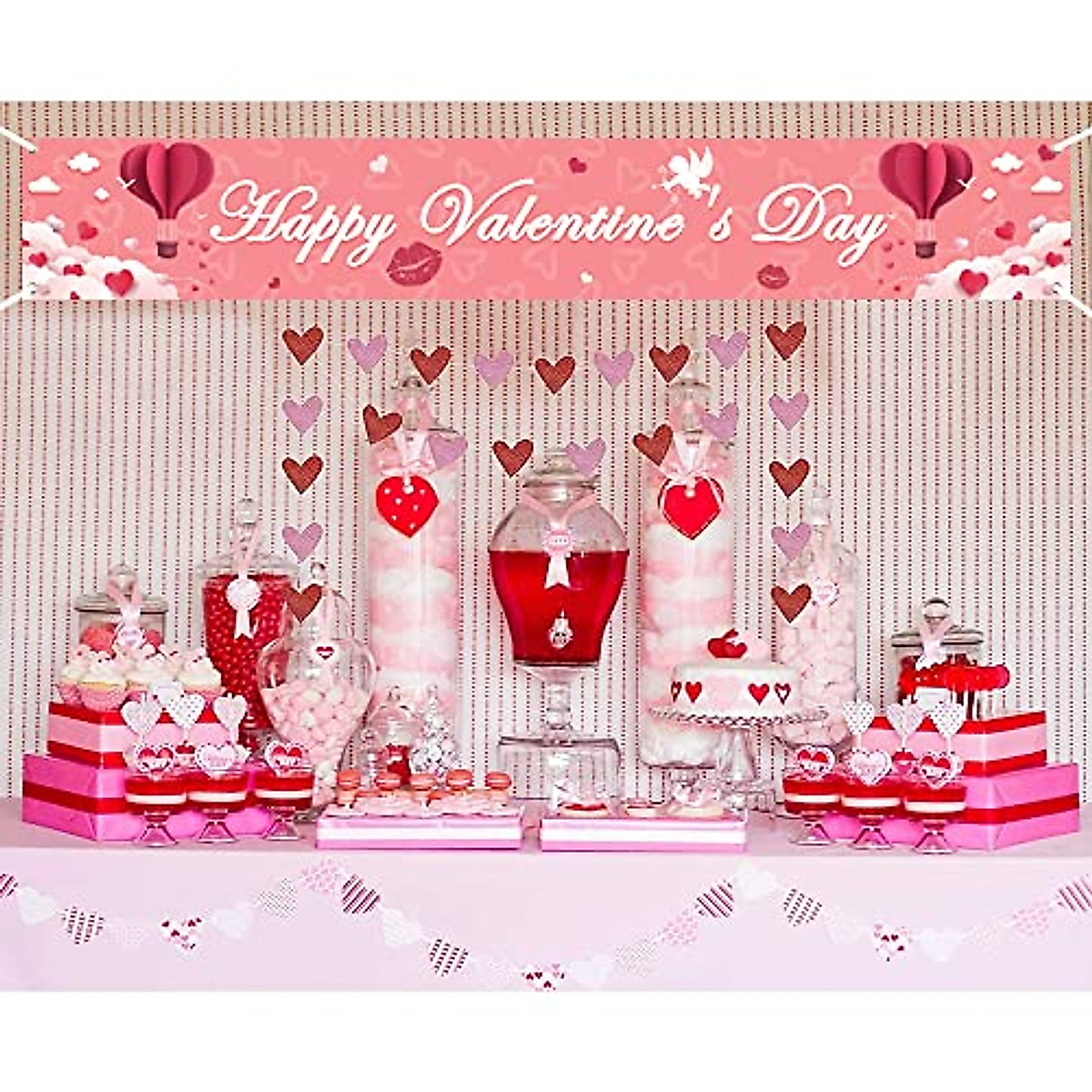 Happy Valentine's Day Banner, Large Valentines Banner Red Love Heart Backdrop for Valentine's Day Indoor Outdoor Party Decorations (Pink)