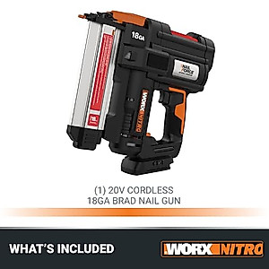 Worx Nitro 20V 18GA Brad Nailer Cordless Fires 80 Nails Per Minute, Cordless Nail Gun Anti-Ejection, Nail Gun Battery Powered Tool-Free Jam Release WX842L.9 Power Share – Tool only