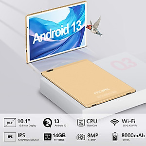 Tablet 10 inch Android 13 Tablets with 14GB RAM 128GB ROM, Octa-Core 2.0 GHz, 8000mAh Battery, 5G WiFi, Bluetooth 5.0, HD IPS Touchscreen, 5+8MP Camera Tablet with Keyboard Mouse Case, Gifts Gold