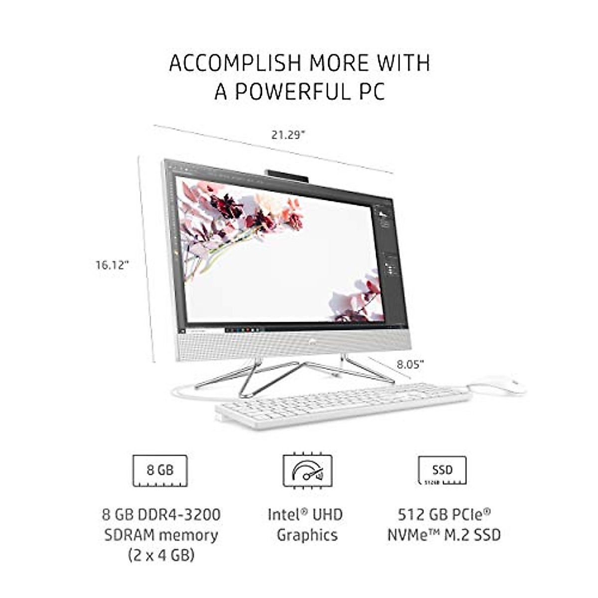 HP All-in-One Desktop PC, 11th Gen Intel Core i3-1115G4 Processor, 8 GB RAM, 512 GB SSD Storage, Full HD 23.8” Display, Windows 10 Home, Remote Work Ready, Mouse and Keyboard (24-dp1250, 2021)