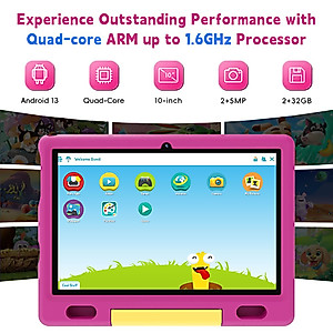 ApoloSign Kids Tablet 10 inch, Android 13 Tablet for Kids, 2+32GB Storage, Pre-installed Educational Apps with Ad-free Contents and Parental Control, 5000mAh Battery, EVA Shockproof Case - Pink