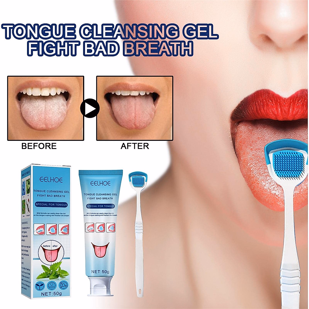 Tongue Cleaner + Medicated Tongue Gel Set - Cleaning with A Brush - Oral Care Removes Bad Breath Fresh Breath Tongue Coating Cleaning Bad Breath Treatments for Adults