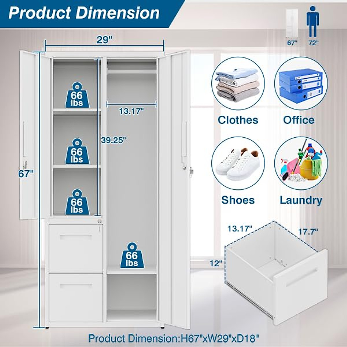 PEUKC Metal Storage Cabinets with Locking Doors, 67" Freestanding Clothing Coat Storage Wardrobe Lockers for Office, Home, School, Garage, Gym (White)
