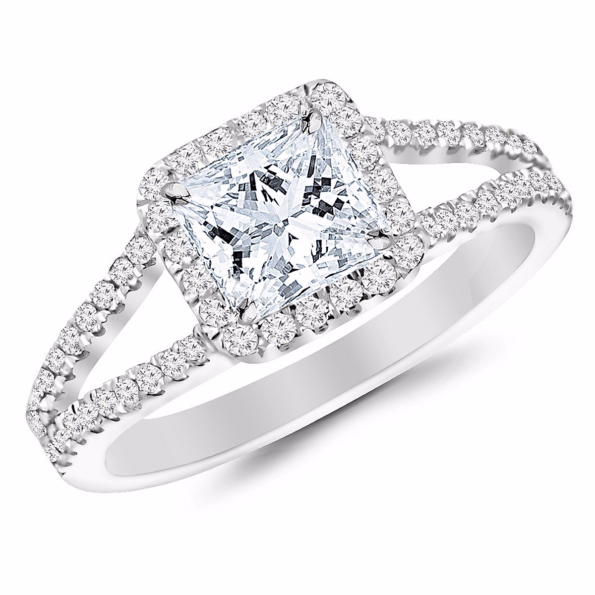 1.2 Carat t.w. Princess Shape/Center Silver Halo Style Double Row Pave Split Shank CZ Engagement Ring