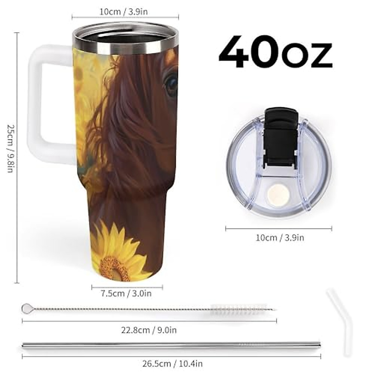 Brown Horse with Sunflowers Insulated Tumblers with Handle Stainless Steel Coffee Mug Funny Travel Cup with Lid Straw 40oz