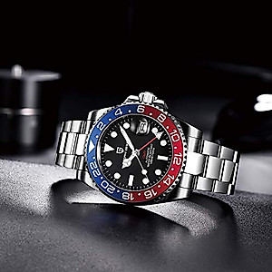 BY BENYAR Pagani Design Men GMT Automatic Watches-Fashion Stainless Steel Mechanical Watch-Sapphire Glass Lens Watch Men (Blue red)