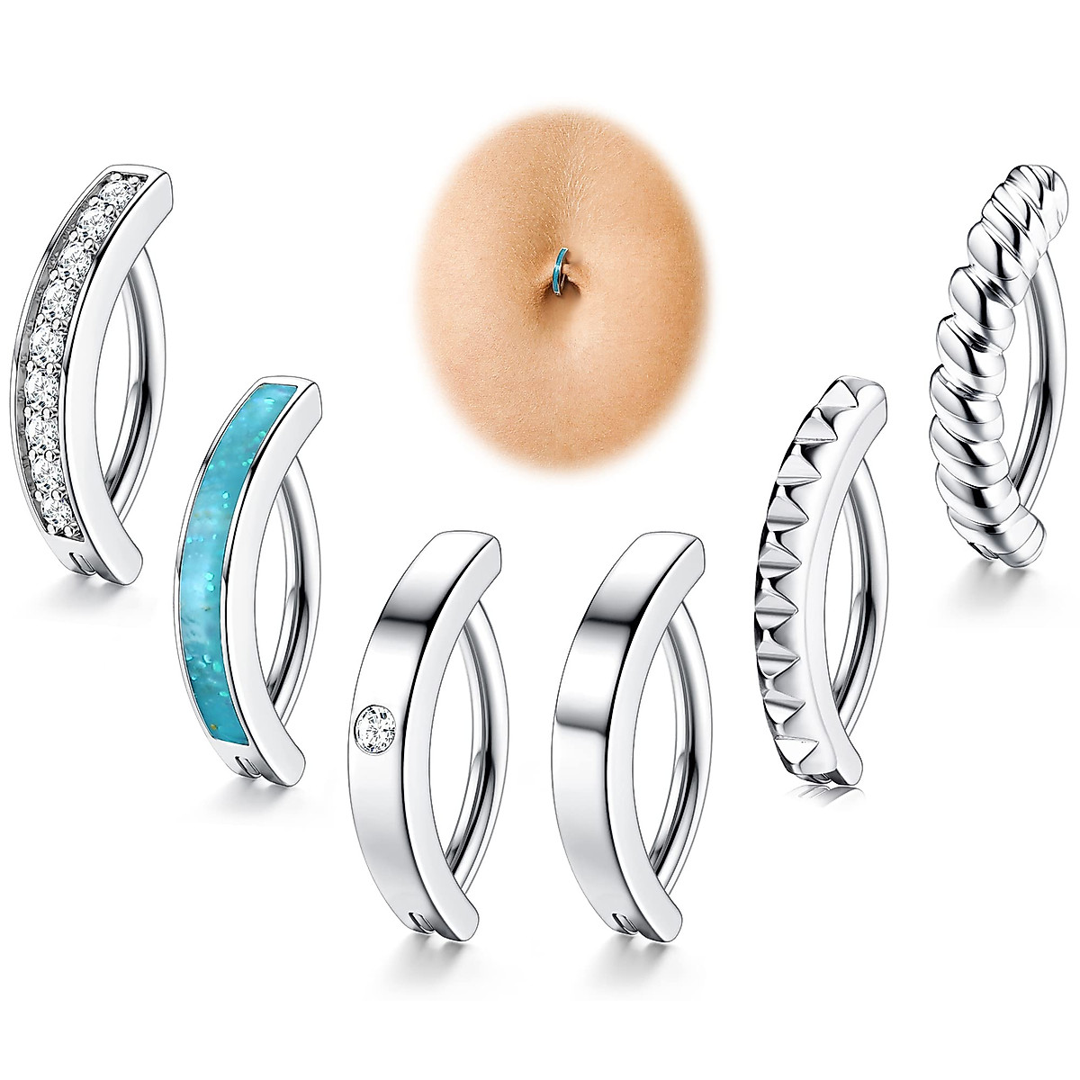 FIBO STEEL 6Pcs Clicker Belly Button Rings 316L Surgical Steel for Women CZ Opal Navel Rings Belly Body Piercing Jewelry 14G Silver Simple