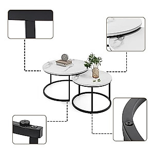 Semiocthome Round Nesting Coffee Table, 31.5" White Modern Accent Wood Coffee Tables Set of 2, Faux Marble Coffee Table for Living Room Small Space, End Side Nesting Tables with Sturdy Metal Frame