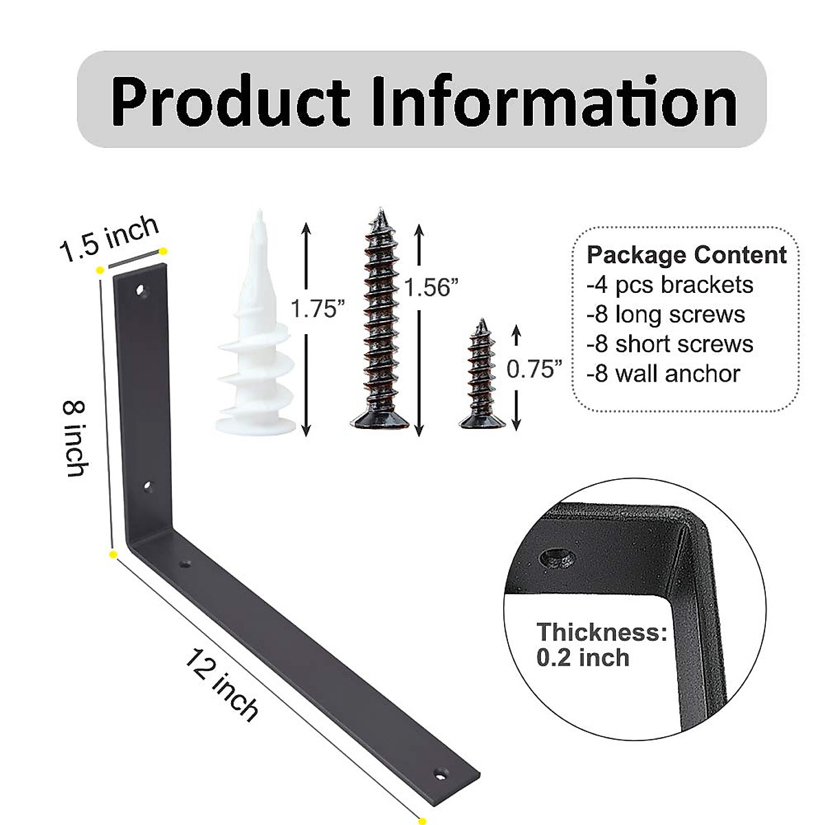 Shelf Brackets L Bracket 12 Inch 4PCS Heavy Duty Black Shelf Bracket Iron Metal Wall Bracket for DIY Open Shelving Rustic Bracket