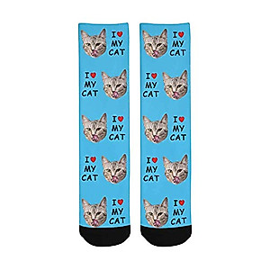 Custom Socks Realistic Customized Face Socks with Your Photo Face I Love My Cat Blue