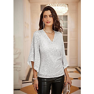 GRACE KARIN Women's Sequin Silver Top Sparkly 3/4 Sleeve Party Shirts Dressy Glitter Slim Fit Blouses 2XL