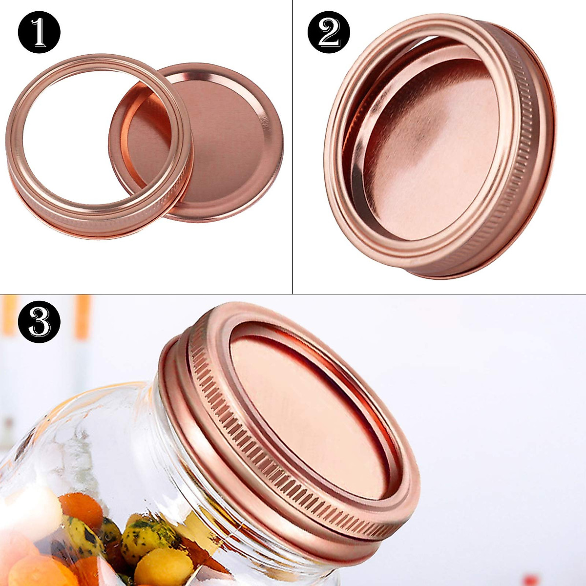 Mason Canning Lids and Rings,Aulufft 24 Sets Mason Jar Split-type Lids and Bands Leak Proof Secure Stainless Steel Mason Storage Covers, Rose Gold
