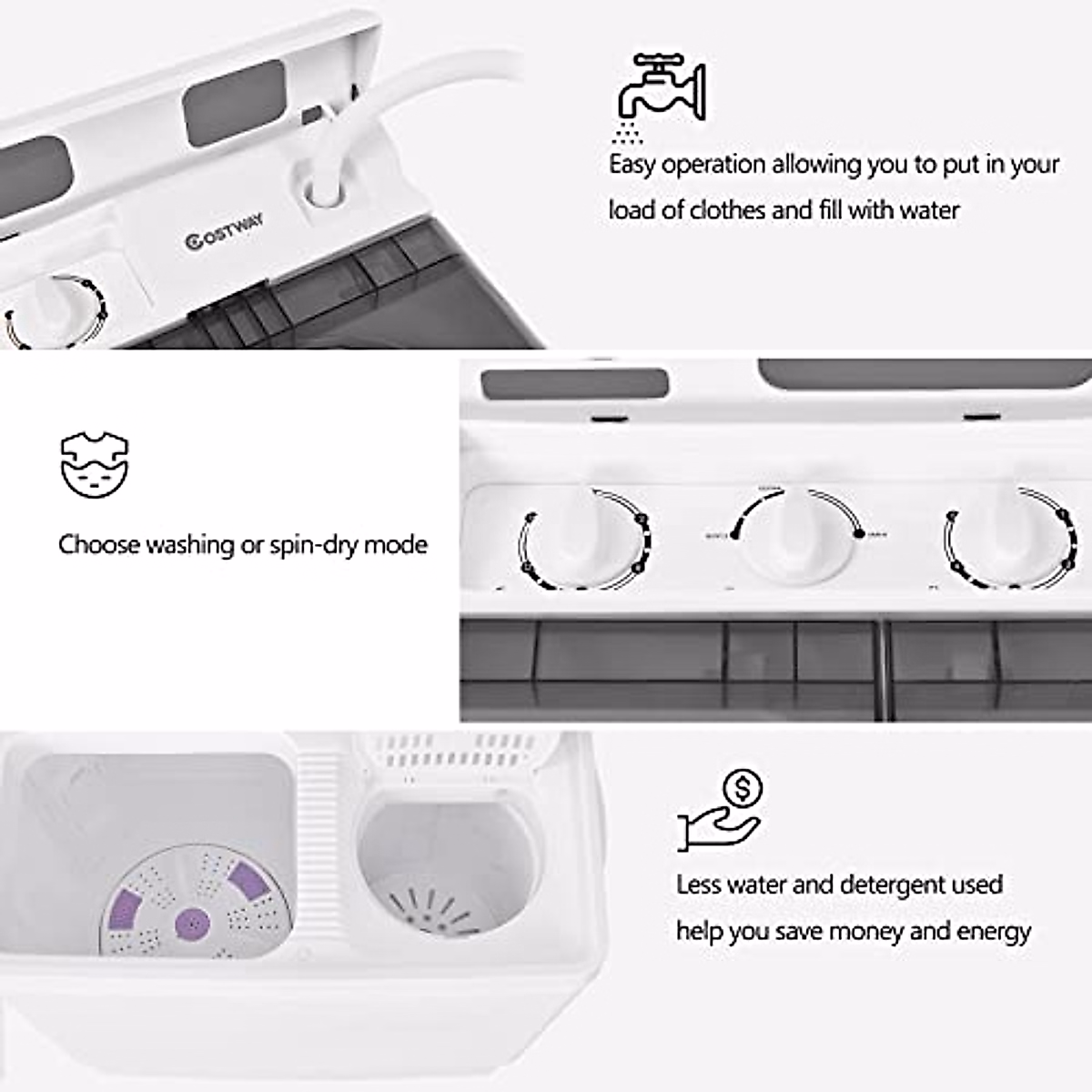 Mayjooy Portable Washing Machine, 26lbs Twin Tub Washer (18lbs) & Spinner (8lbs) Combo, Compact Laundry Machine w/3 Control Knobs, Timer Function & Built-in Drain Pump, for Apartment/RV/Dorm (Grey)