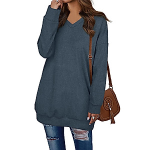 OFEEFAN Women Sweatshirts Long Sleeve V-Neck Fall Tops for Women Blue XXL