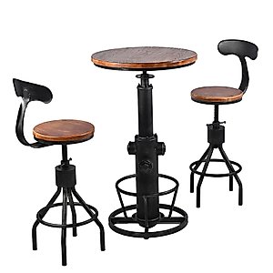 LOKKHAN 3-Piece Bar Table (38.6"-48.4") & 2 Backrest Stools (24"-30") Set for Pub Kitchen Dining Living Party Bistro Breakfast, Swivel Top, Height Adjustable, Most Weld, Space-Saving（Black&Brown）