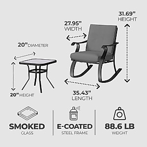 Four Seasons Courtyard Gramercy 3 Piece Cushioned Rocking Chairs Outdoor Backyard Patio Furniture Bistro Set with Square Side Table, Charcoal Gray