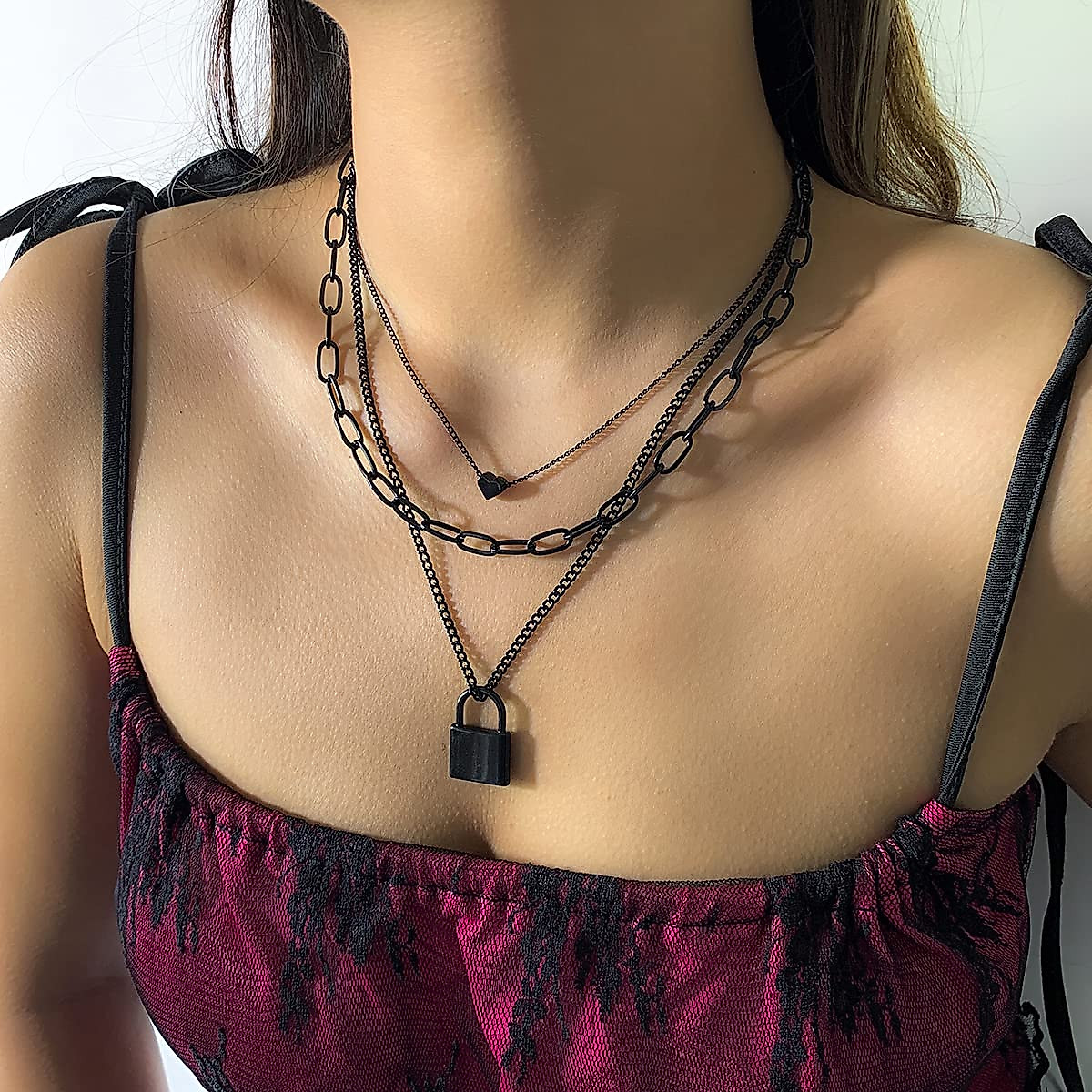 Inactwin Stacked Necklaces for Women Black Lock Chains Heart Grunge Layered Necklace Aesthetic Pendant Multilayer Choker