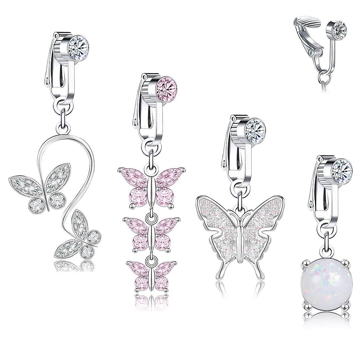 BodyAce 4pcs Fake Belly Rings Dangling Fake Belly Button Ring, Snake Evil Eye Heart Clip On Faux Navel Rings, Devil Butterfly Non Piercing Belly Jewelry (A:4pcs Fake Belly Rings)