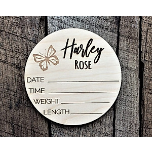 Personalized Wood Baby Name Announcement Sign, Newborn Birth Stats Photo Prop Sign, Butterfly Nursery Name Plaque (8 inches)