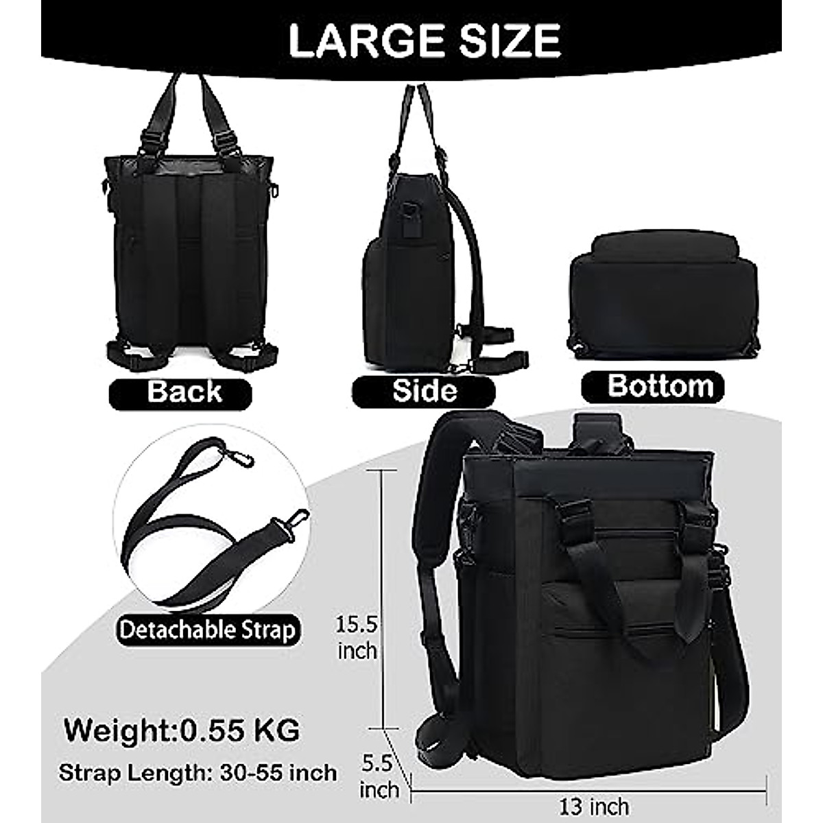 COMELY Convertible Laptop Backpack, Casual Travel Tote Daypack, Crossbody Purse, Bookbag Diaper Bag Nursing Bag for Daily Work College Nursing Teaching, 31A-Black