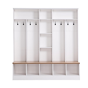 SHMAO Modern Hall Tree with Storage Bench, 4-in-1 Entryway Bench with Coat Rack, 8 Metal Hooks Tall Hall Tree with Shelves, Bottom Shoe Cubby Home Entryway Furniture for Hallway, Bedroom, 72" H White