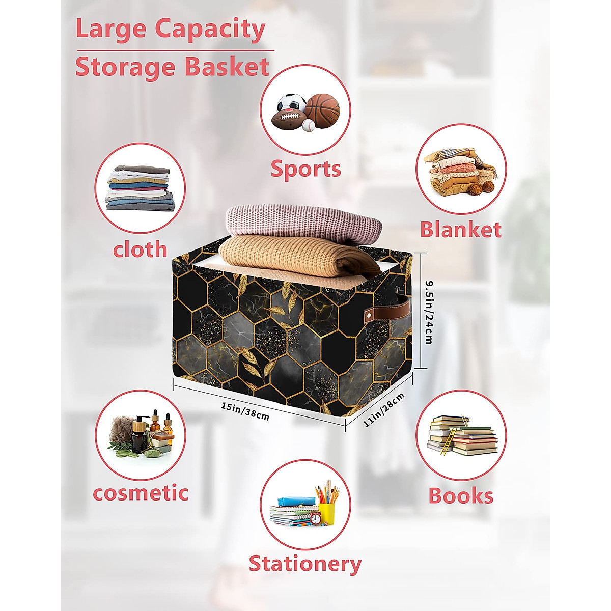 Marble Cube Storage Organizer Bins with Handles,15x11x9.5 Inch Collapsible Canvas Cloth Fabric Storage Basket,Black Gold Grey Grid Irregular Comb Plaid Geometric Books Kids' Toys Bin Boxes for Shelves